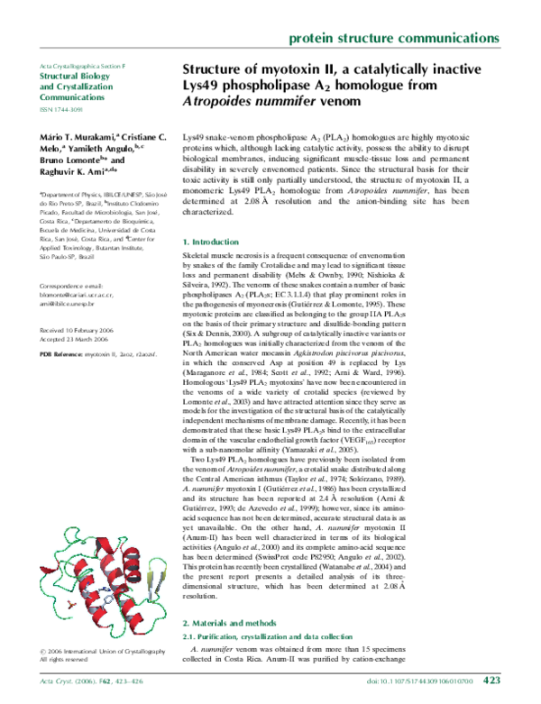 (PDF) Structure of myotoxin II, a catalytically inactive Lys49 ...