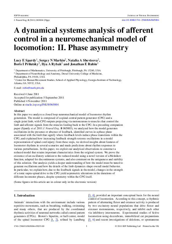 (PDF) A dynamical systems analysis of afferent control in a neuromechanical model of locomotion ...