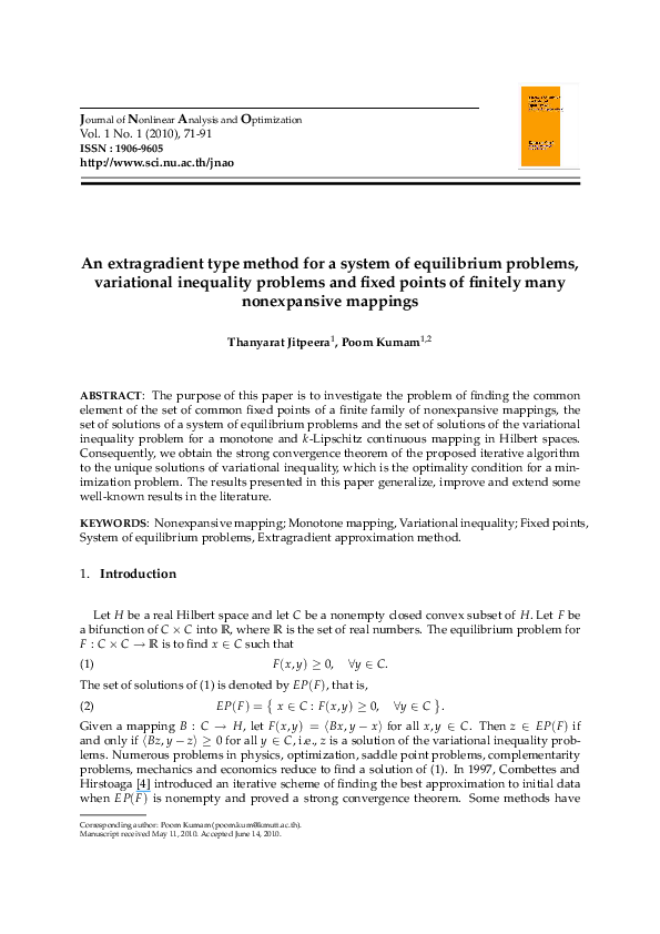 Pdf An Extragradient Type Method For A System Of Equilibrium Problems