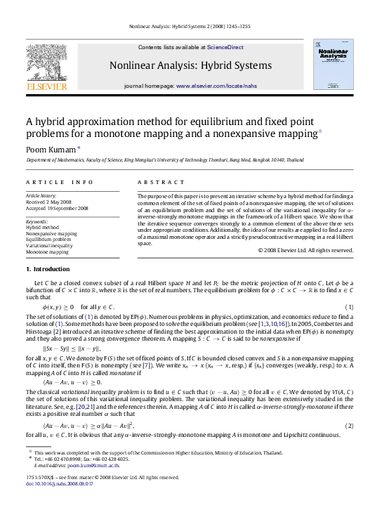 Pdf A Hybrid Approximation Method For Equilibrium And Fixed Point Problems For A Monotone