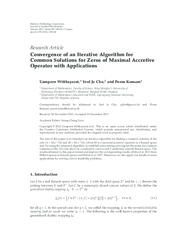 Pdf Convergence Of An Iterative Algorithm For Common Solutions For Zeros Of Maximal Accretive