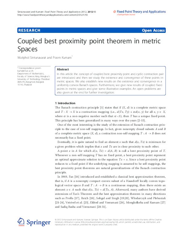 Pdf Coupled Best Proximity Point Theorem In Metric Spaces