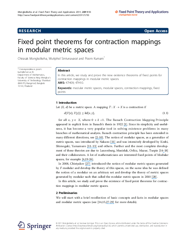 Pdf Fixed Point Theorems For Contraction Mappings In Modular Metric