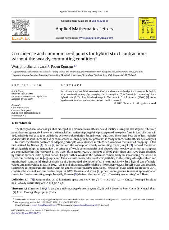 Pdf Coincidence And Common Fixed Points For Hybrid Strict Contractions Without The Weakly