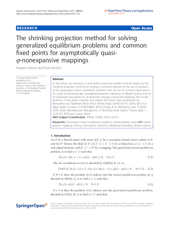 Pdf The Shrinking Projection Method For Solving Generalized Equilibrium Problems And Common