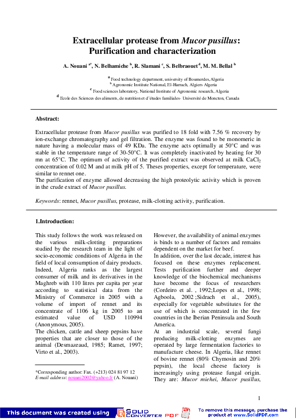 (PDF) Extracellular protease from Mucor pusillus : purification and ...