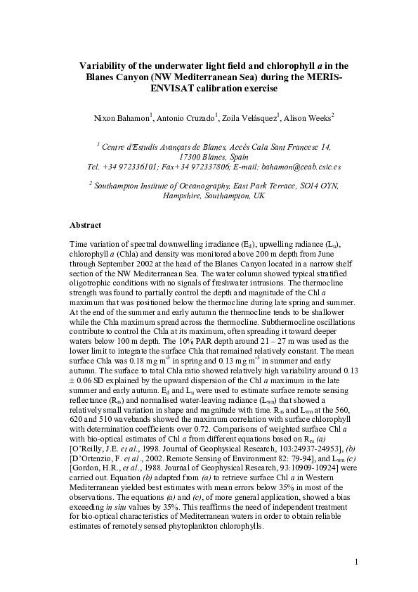 (PDF) Variability of the underwater light field and chlorophyll a in ...