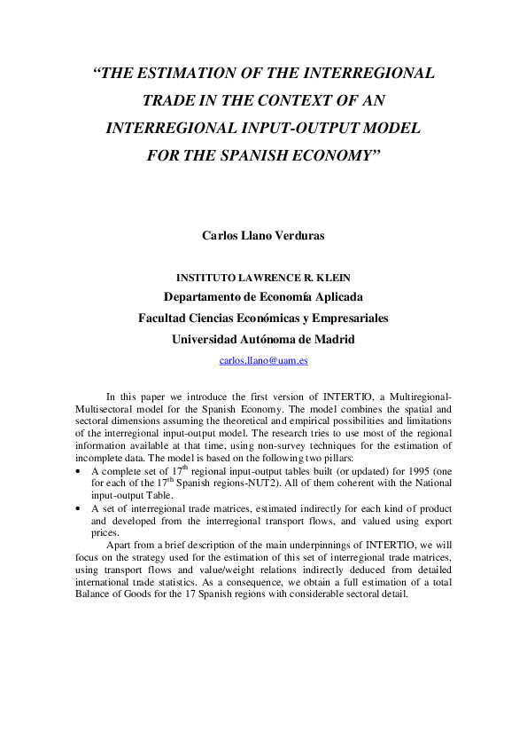 Pdf The Estimation Of The Interregional Trade In The Context Of An Interrregional Input Output