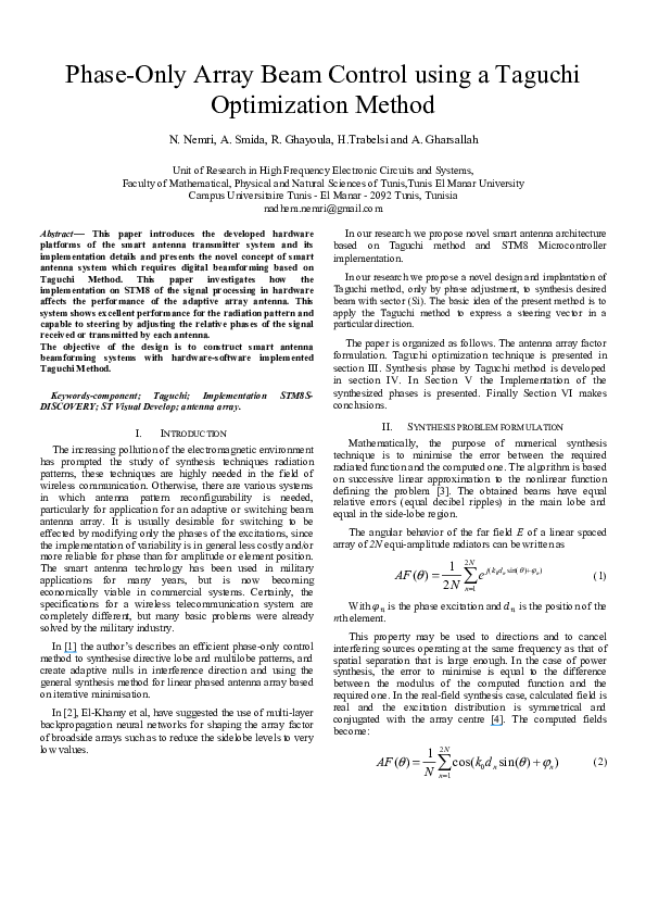 Pdf Phase Only Array Beam Control Using A Taguchi Optimization Method