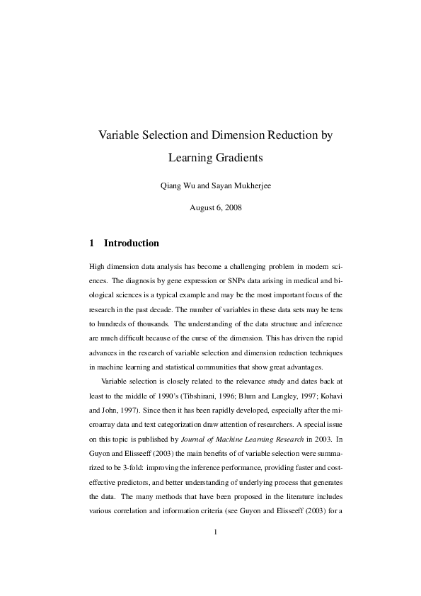 (PDF) Variable Selection and Dimension Reduction by Learning Gradients