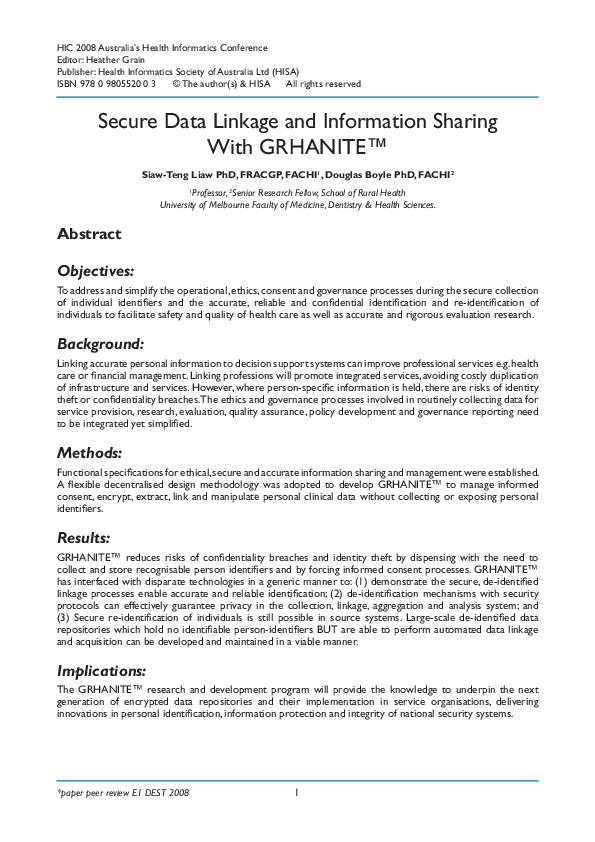 (PDF) Secure data linkage and information sharing with GRHANITE