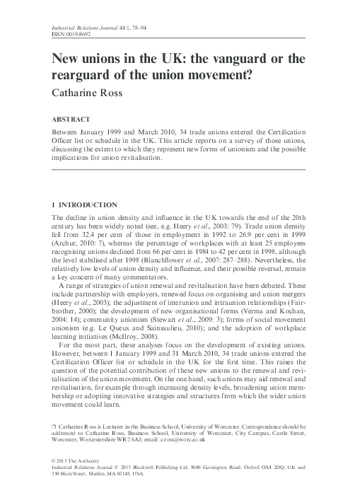 (PDF) New unions in the UK: the vanguard or the rearguard of the union ...