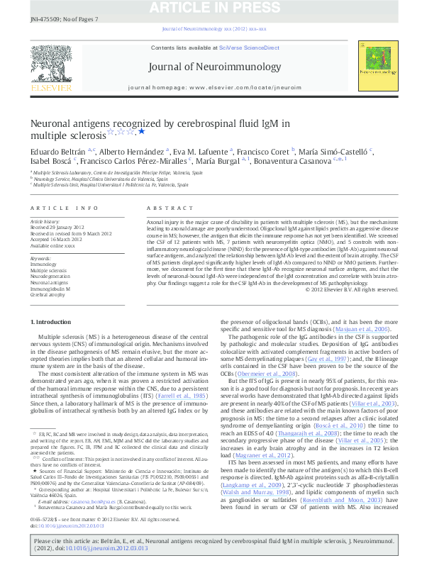 (PDF) Neuronal antigens recognized by cerebrospinal fluid IgM in multiple sclerosis