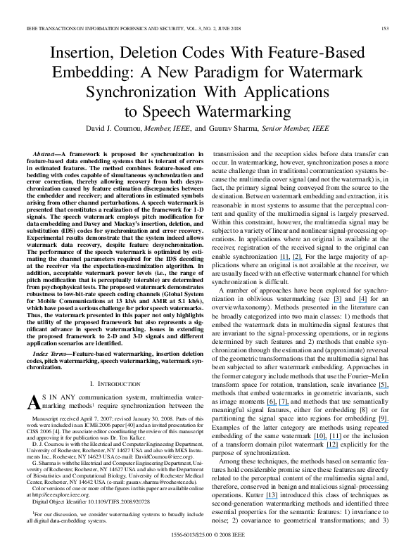 (PDF) Insertion, Deletion codes with feature-based embedding: A new paradigm for watermark ...