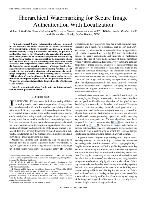 (PDF) Hierarchical Watermarking for Secure Image Authentication With Localization