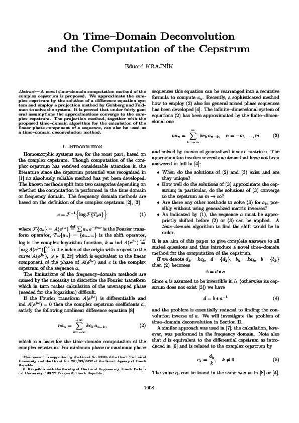 Pdf On Time Domain Deconvolution And The Computation Of The Cepstrum