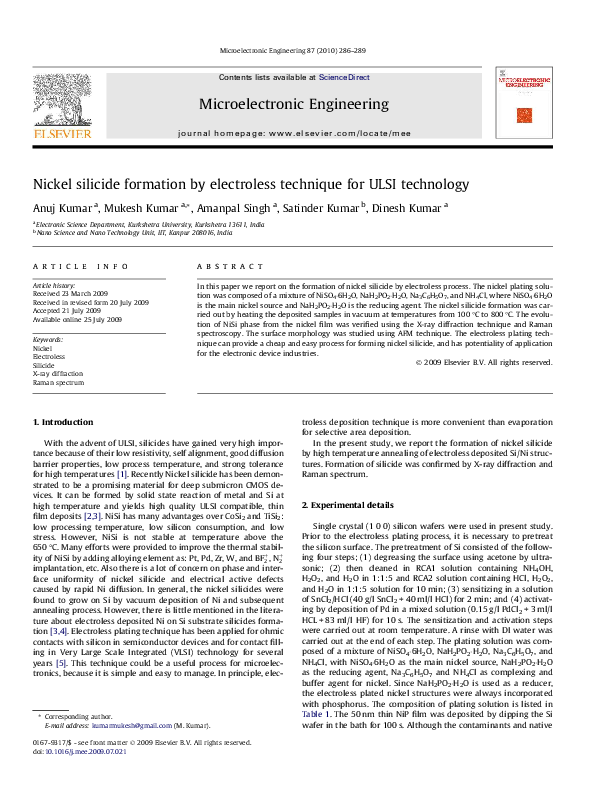 (PDF) Nickel silicide formation by electroless technique for ULSI ...