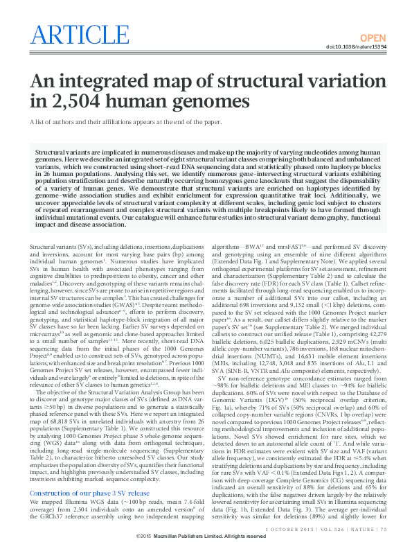 (PDF) An integrated map of structural variation in 2,504 human genomes