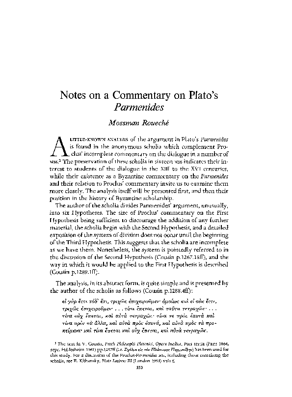 (PDF) Notes on a Commentary on Plato’s Parmenides