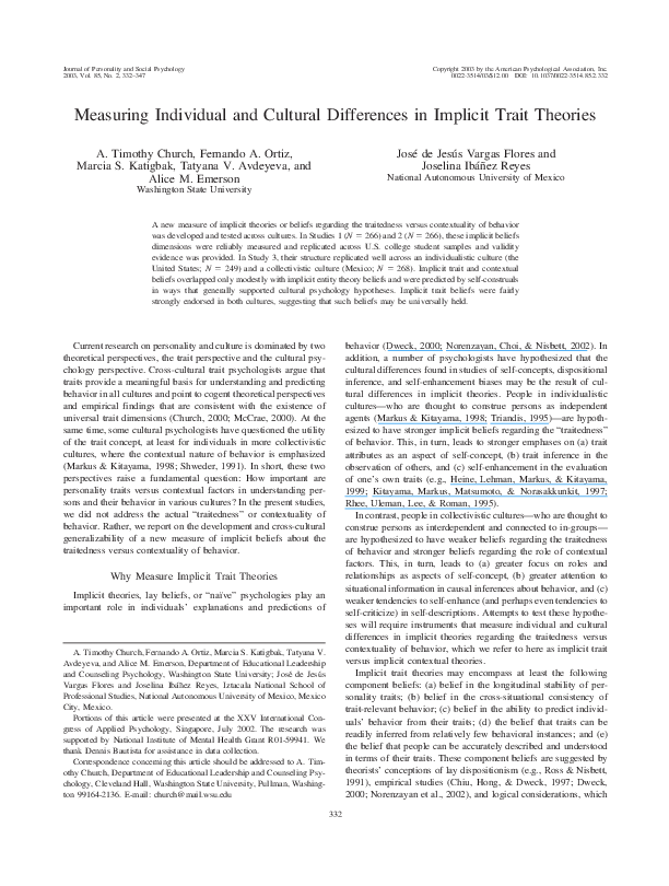 (PDF) Measuring Individual and Cultural Differences In Implicit Trait Theories