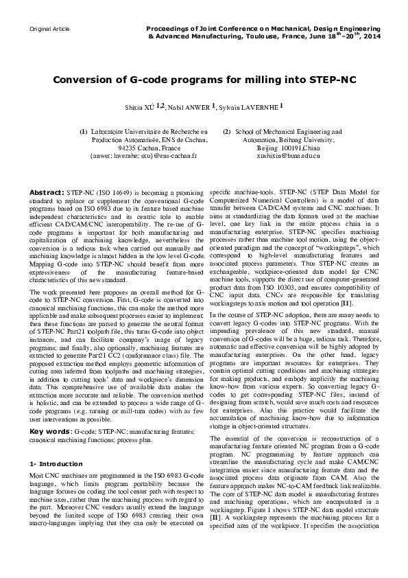 (PDF) Conversion of G-code programs for milling into STEP-NC