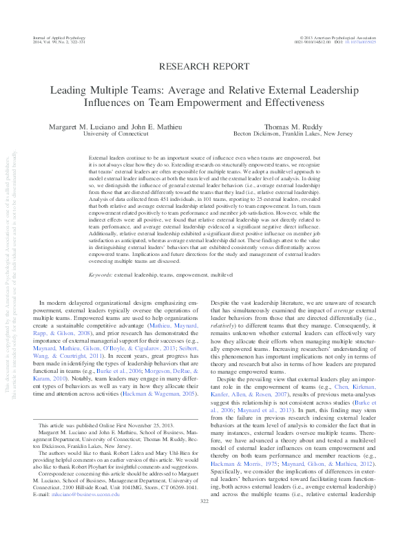 (PDF) Leading multiple teams: Average and relative external leadership ...