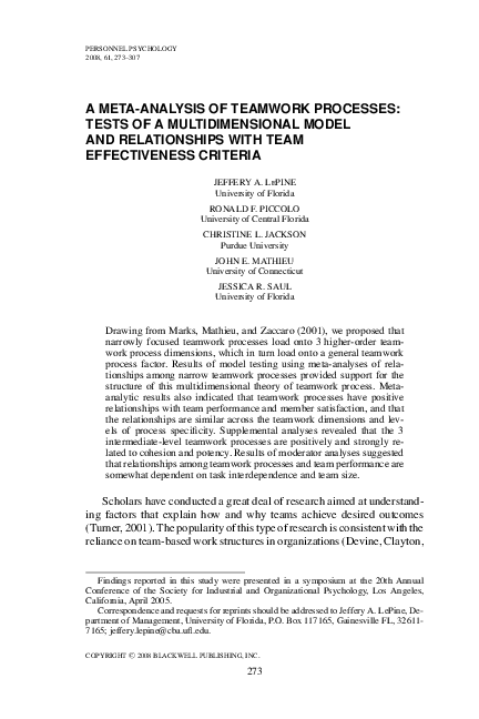 (PDF) A Meta-Analysis of Teamwork Processes: Tests of a ...