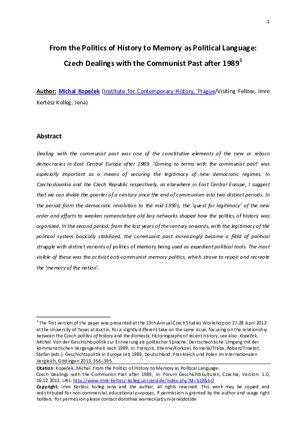 (PDF) From the Politics of History to Memory as Political Language ...