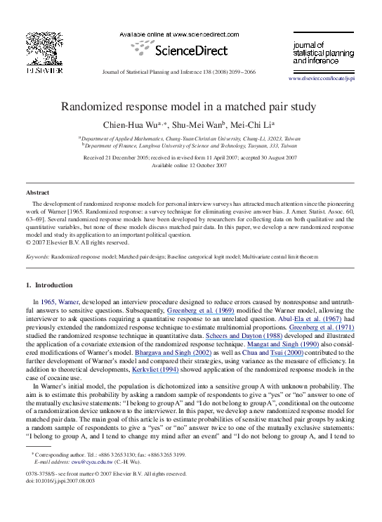 (PDF) Randomized response model in a matched pair study