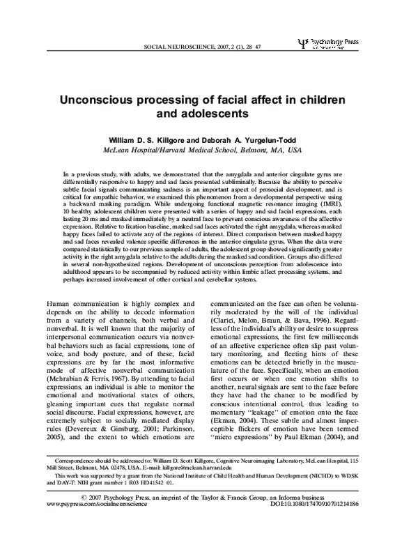 (PDF) Unconscious processing of facial affect in children and adolescents