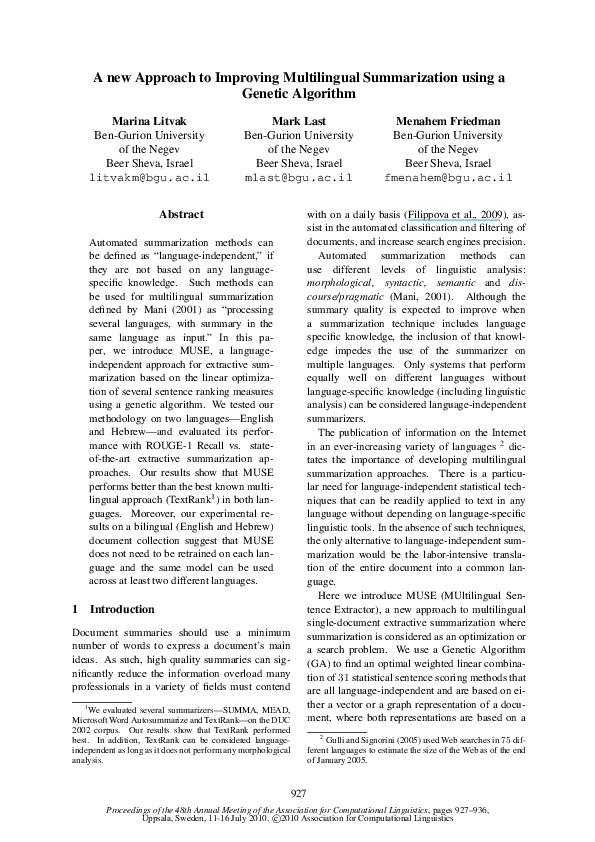 Pdf Muse Genetic Algorithm For Multilingual Summarization 