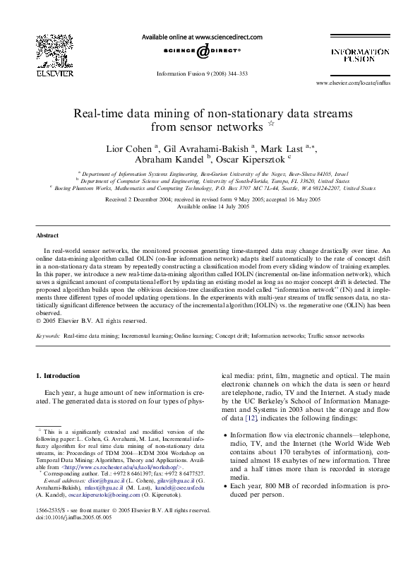 Pdf Real Time Data Mining Of Non Stationary Data Streams From Sensor Networks