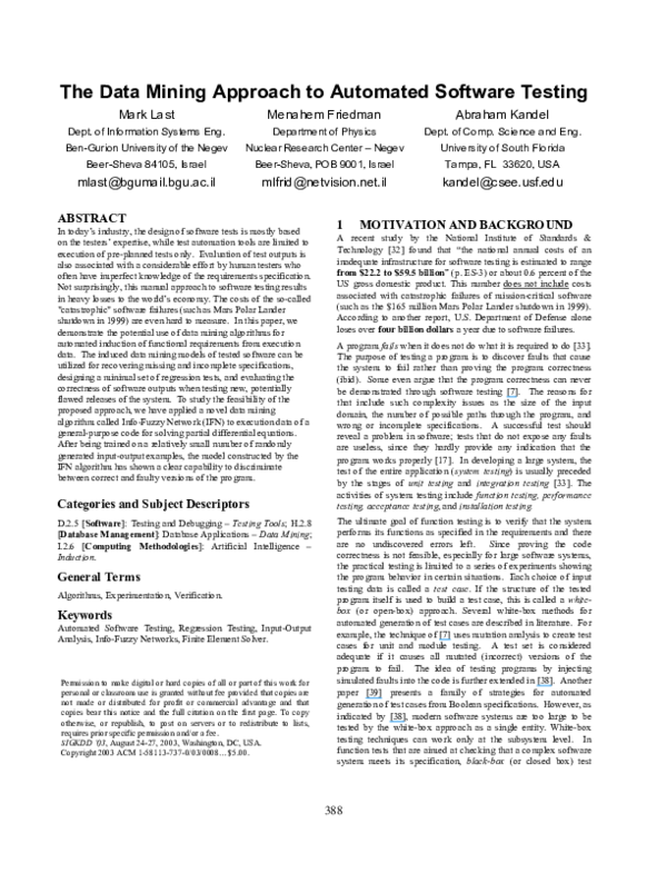 Pdf The Data Mining Approach To Automated Software Testing