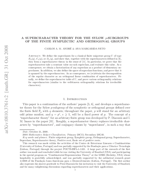 (PDF) A supercharacter theory for the Sylow p-subgroups of the finite symplectic and orthogonal ...