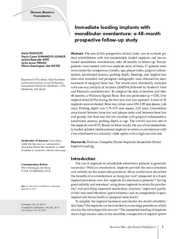 (PDF) Immediate loading implants with mandibular overdenture: a 48-month prospective follow-up study