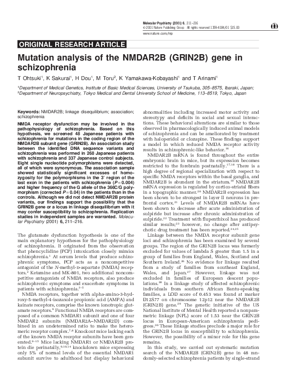 (PDF) Mutation analysis of the NMDAR2B (GRIN2B) gene in schizophrenia