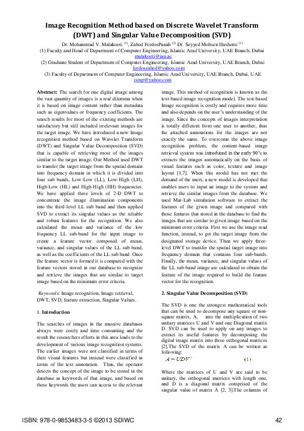 Pdf Image Recognition Method Based On Discrete Wavelet Transform Dwt And Singular Value