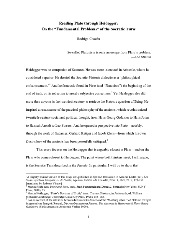 (PDF) Reading Plato through Heidegger: On the "Fundamental Problems" of ...