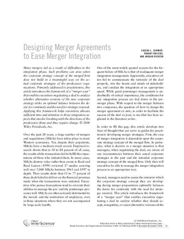 (PDF) Designing merger agreements to ease merger integration