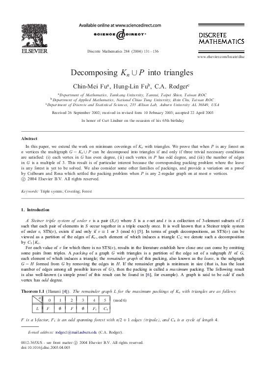 (PDF) Decomposing K n∪ P into triangles