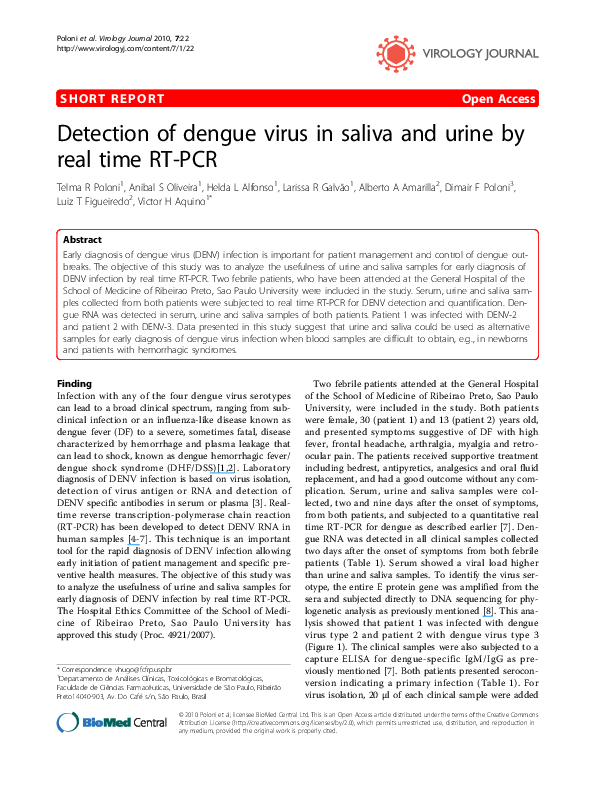 (PDF) Detection of dengue virus in saliva and urine by real time RT-PCR