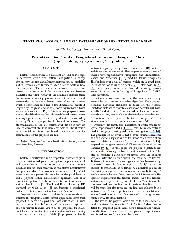 Pdf Texture Classification Via Patch Based Sparse Texton Learning