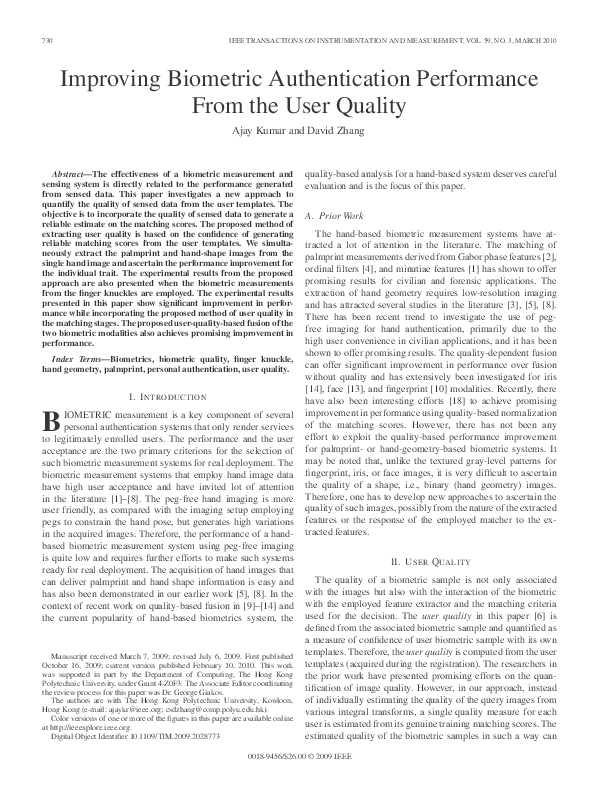 Pdf Improving Biometric Authentication Performance From The User Quality