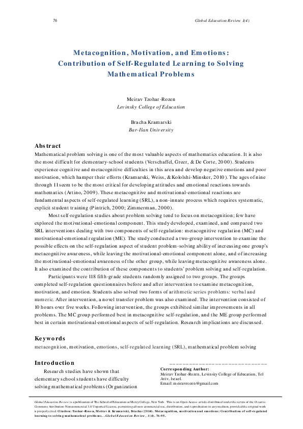 (PDF) Metacognition, Motivation and Emotions: Contribution of Self ...