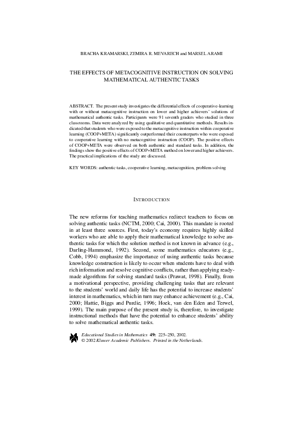 Pdf The Effects Of Metacognitive Instruction On Solving Mathematical Authentic Tasks