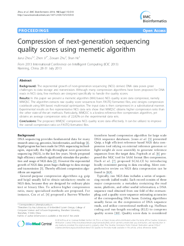 (PDF) Compression of next-generation sequencing quality scores using memetic algorithm