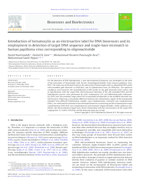 (PDF) Introduction of hematoxylin as an electroactive label for DNA biosensors and its ...