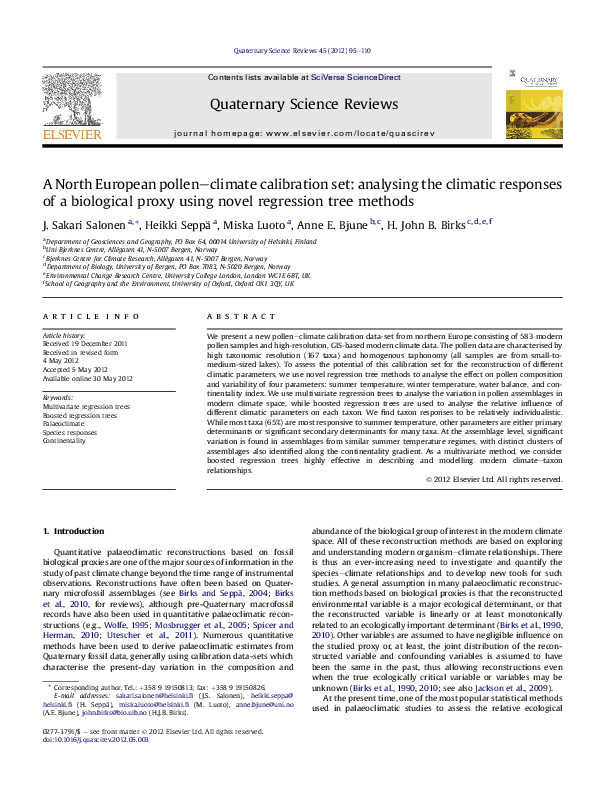 Pdf Reconstructing Palaeoclimatic Variables From Fossil Pollen Using Boosted Regression Trees