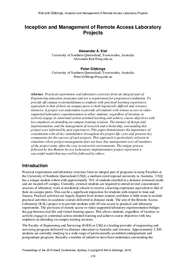 (PDF) Inception and management of remote access laboratory projects