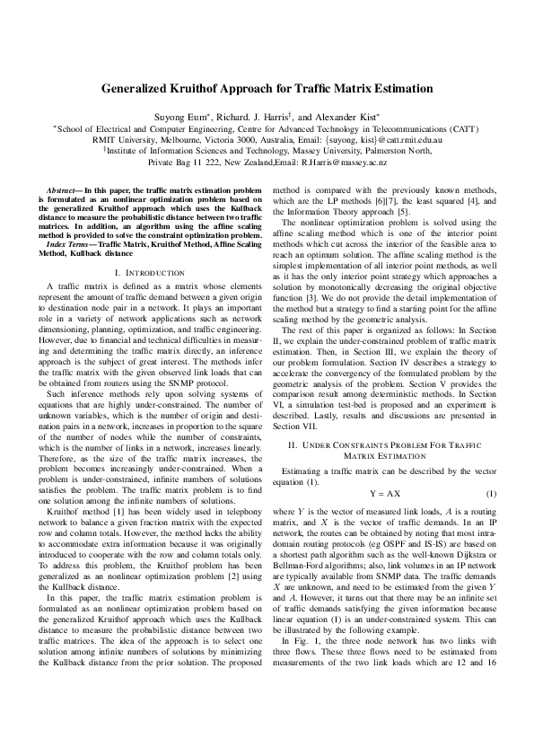 (PDF) Generalized Kruithof Approach for Traffic Matrix Estimation